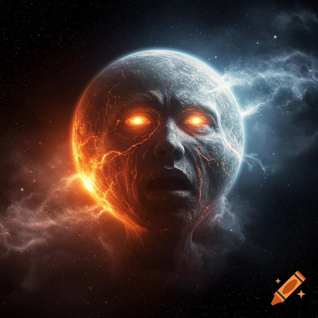 A cosmic image of a planet with a screaming human face, half glowing ...