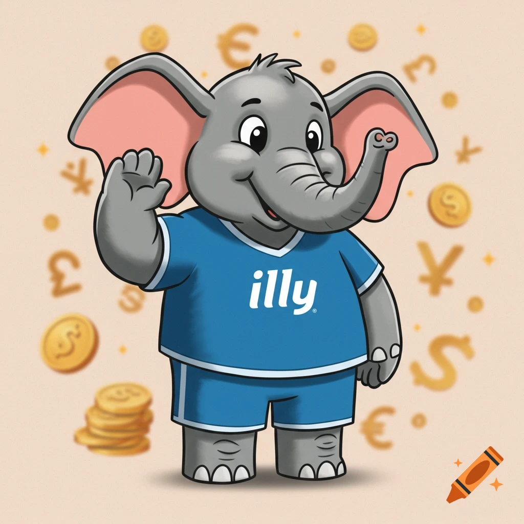 A friendly cartoon elephant mascot in a blue shirt with 'illy' text ...