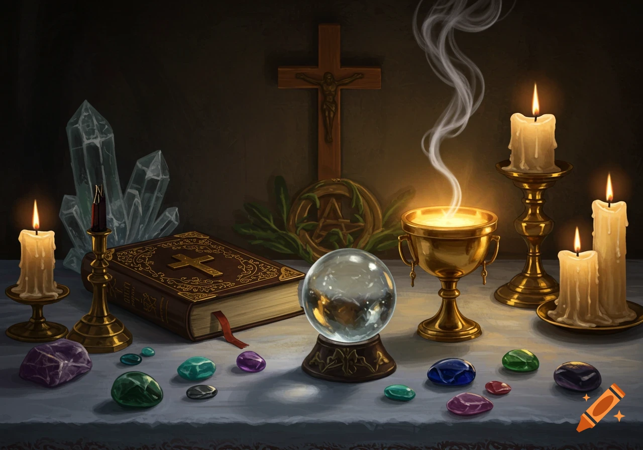 A still life of spiritual and occult items: a crucifix, bible, crystal ...