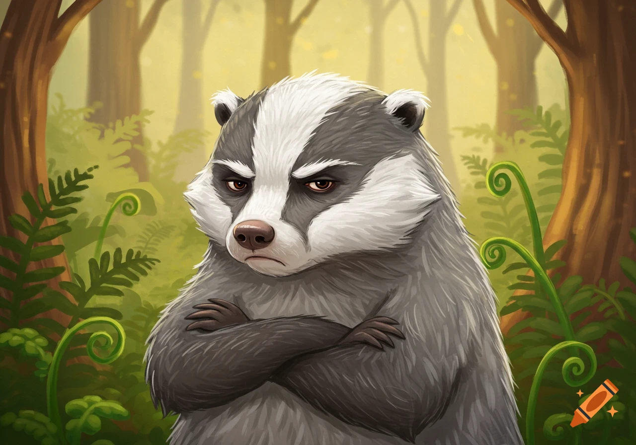 A grumpy cartoon badger with crossed arms stands in a forest of ferns ...