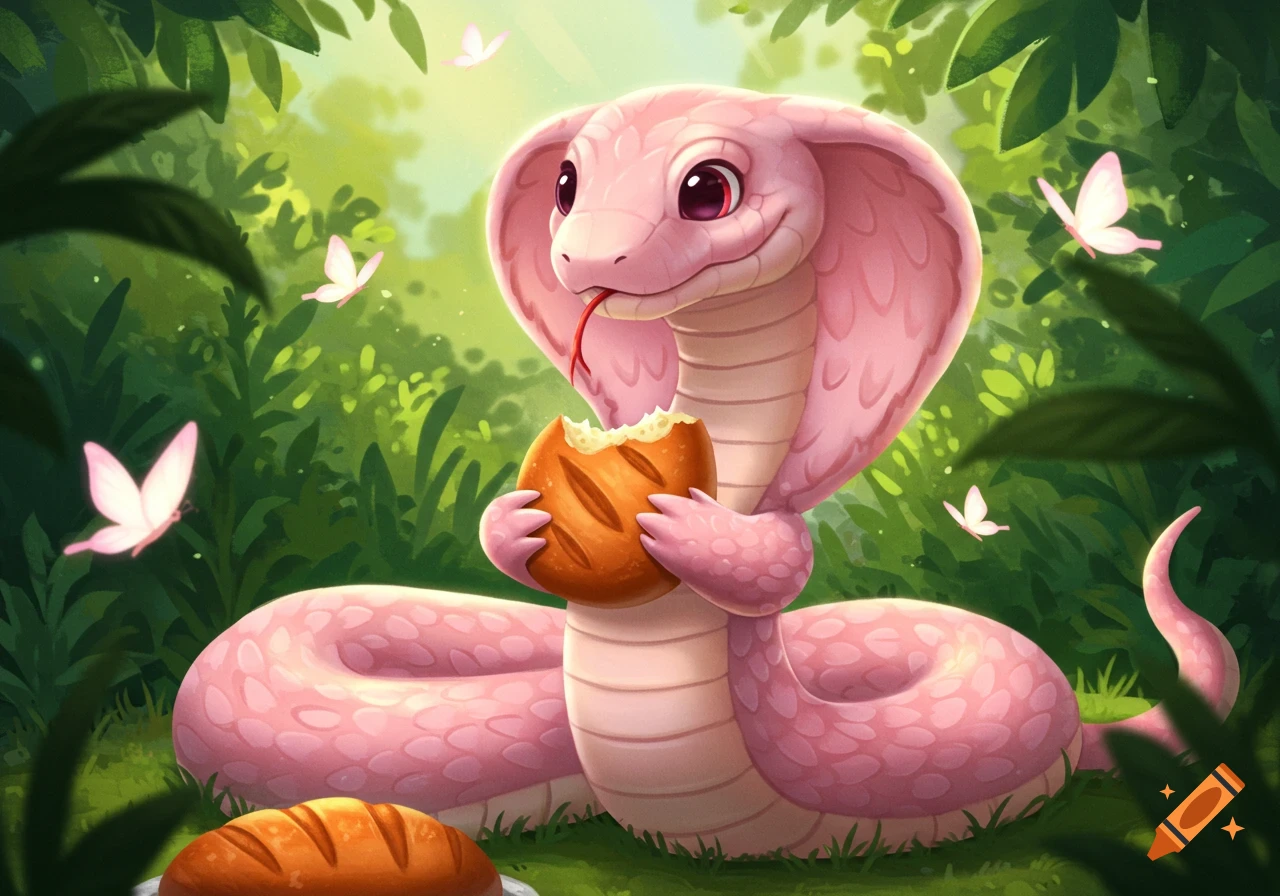 A cute pink cartoon cobra with large eyes holds a partially eaten loaf ...
