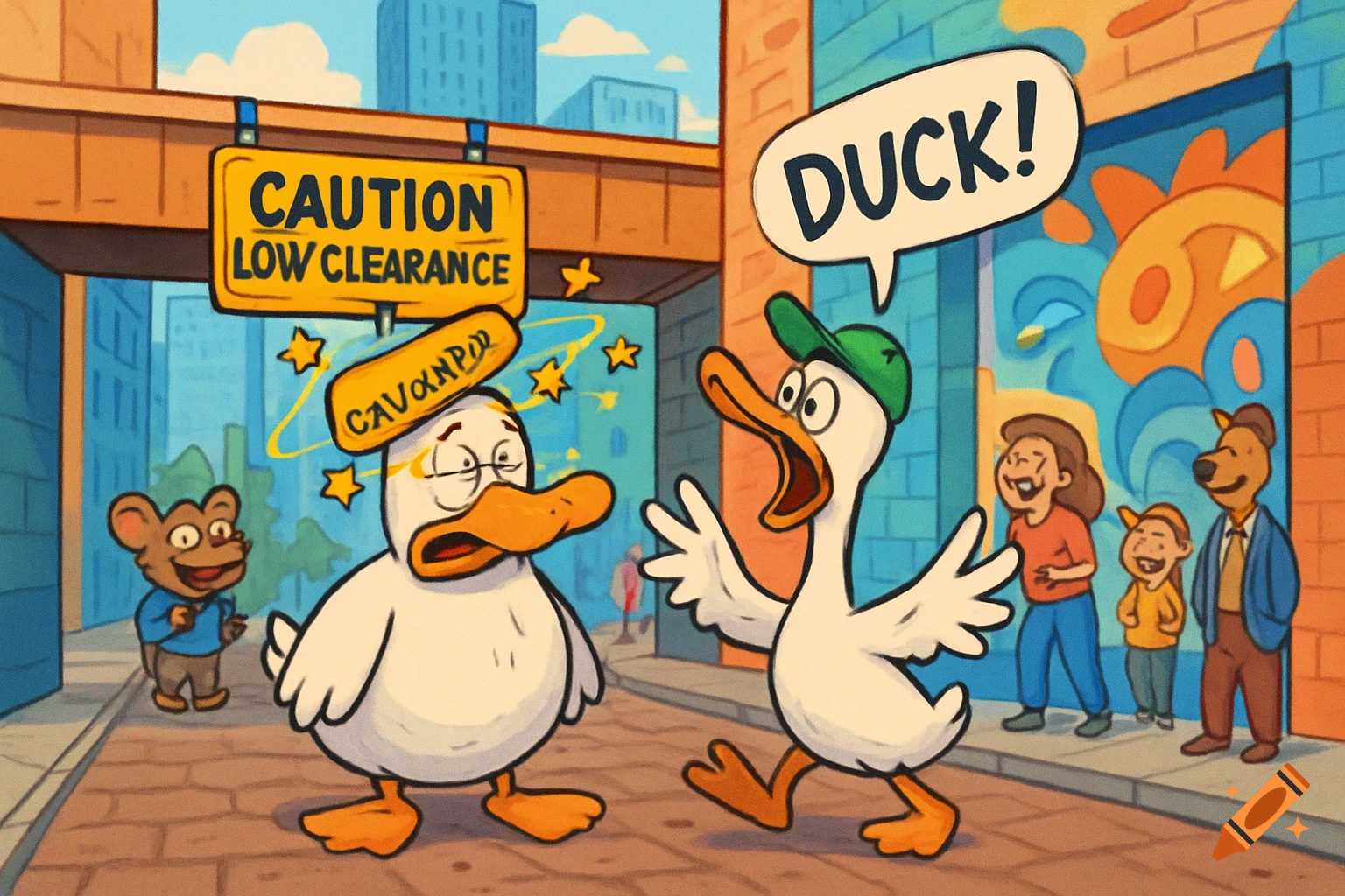 A cartoon scene shows a dazed duck with stars and garbled text circling ...