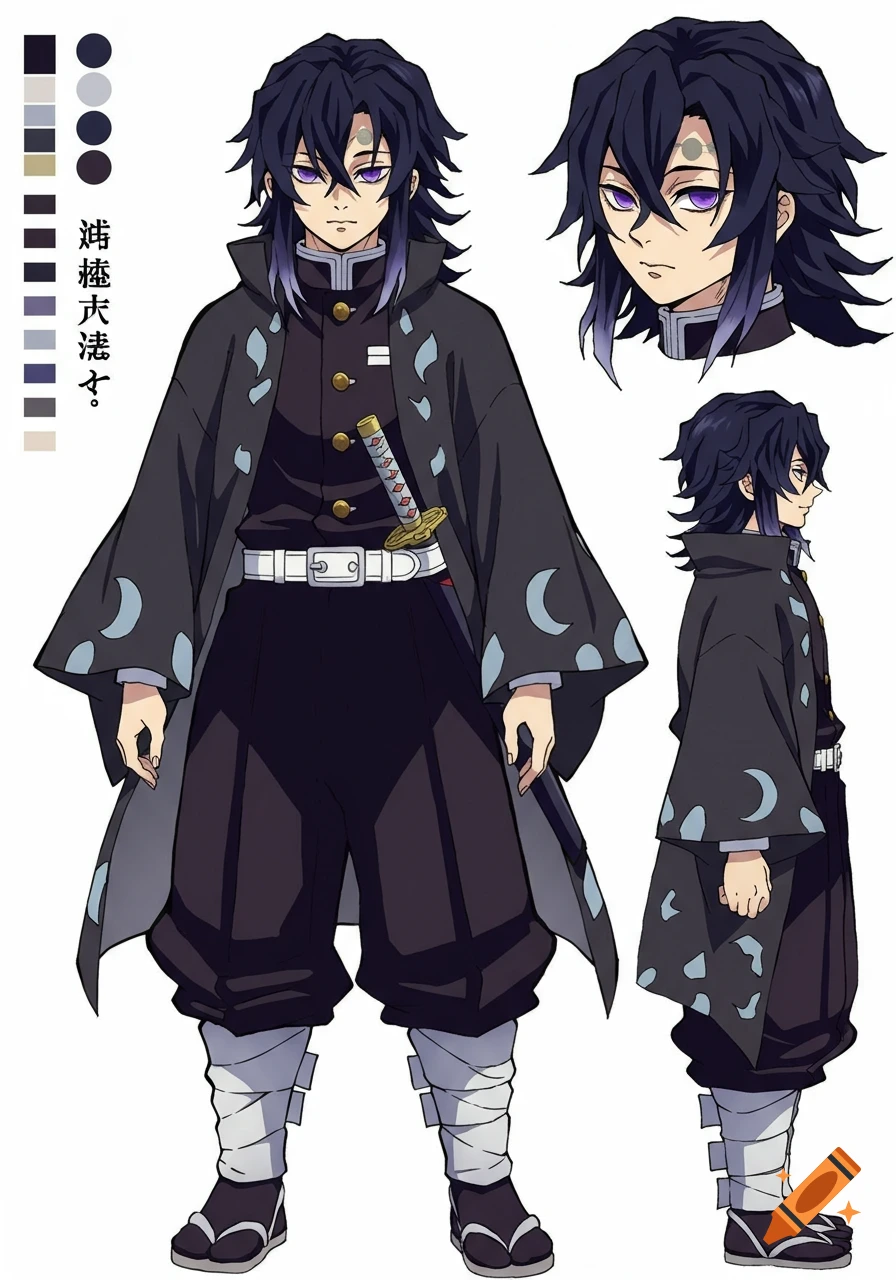 Anime character reference sheet with a person in a black cloak with ...