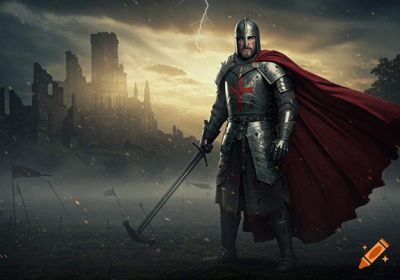 Photorealistic portrait of a medieval knight in armor with a red cape ...