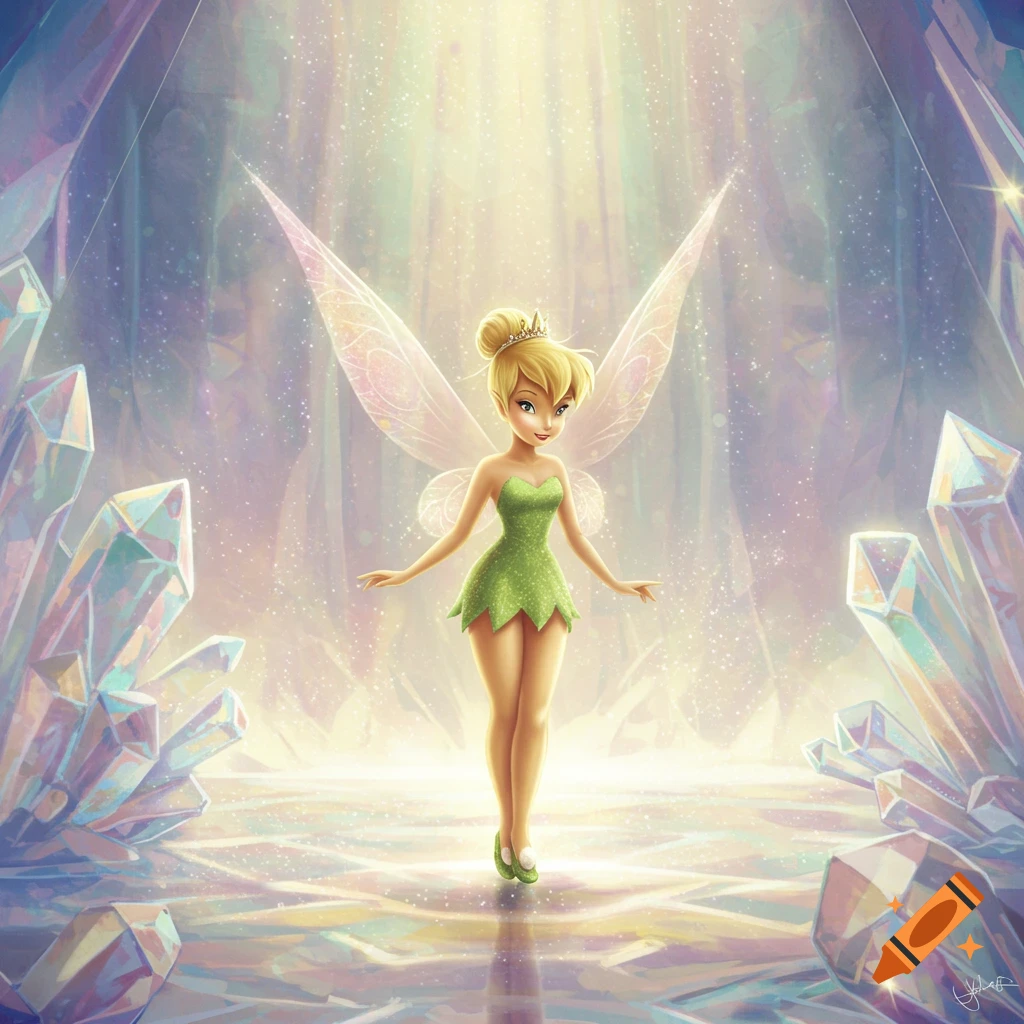 Tinkerbell in a green dress and fairy wings stands regally in a ...