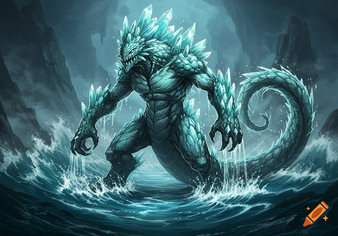 A powerful ice and crystal monster with sharp spikes emerges from rough ...