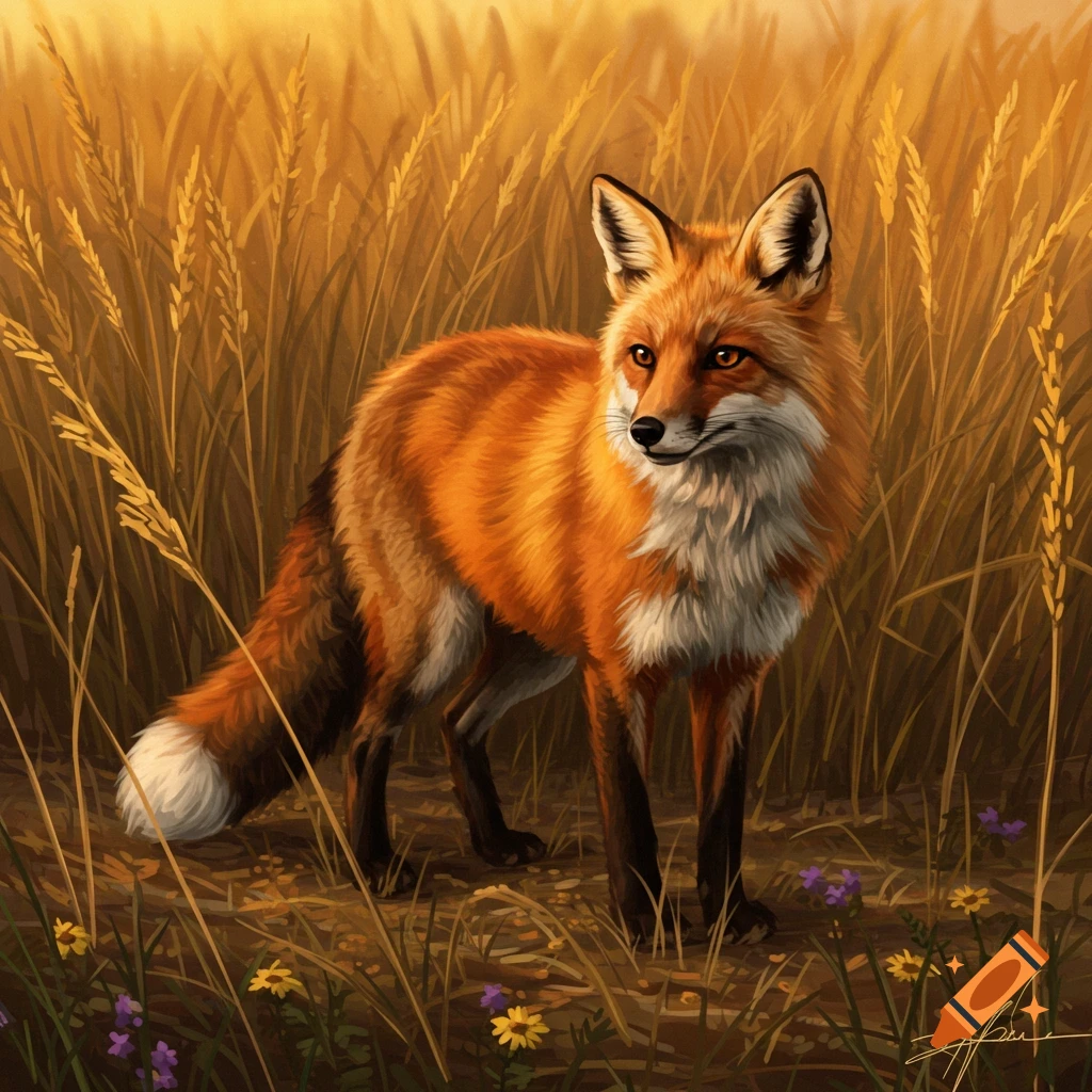 A red fox with white chest fur stands in a field of golden wheat and ...