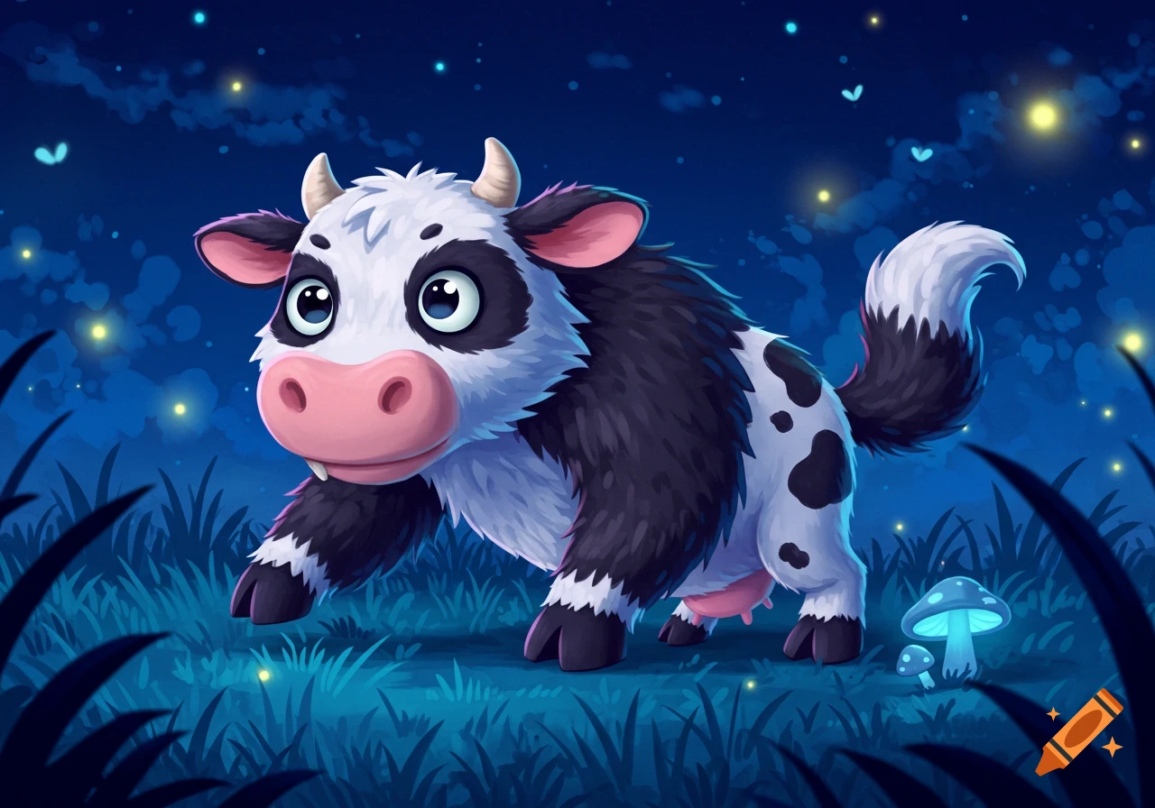 A cartoon fuzzy cow with black and white patches stands in a magical ...