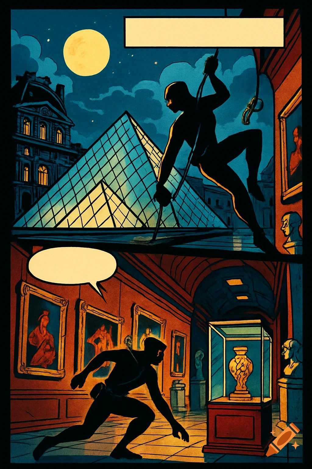 Comic book panel showing a shadowy figure rappelling onto the Louvre ...