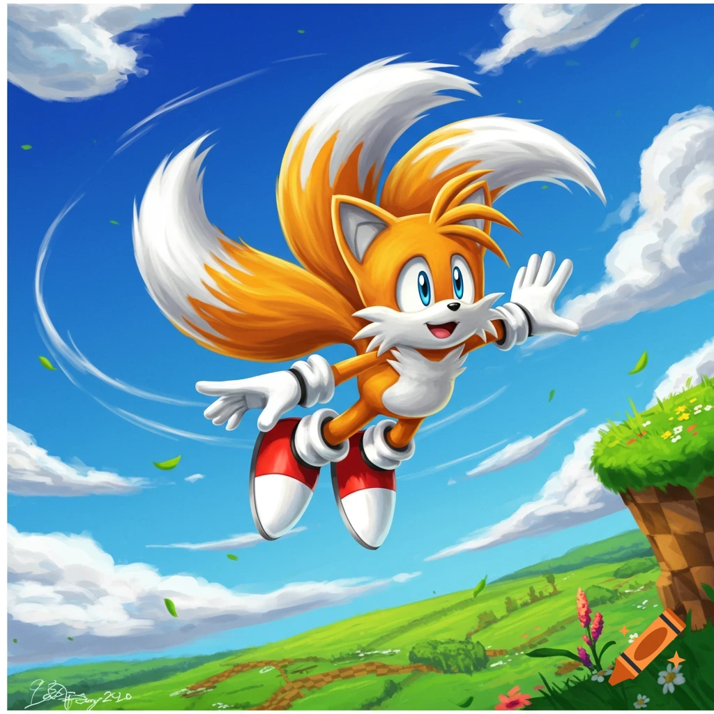 Tails the fox, a yellow and white cartoon character with two bushy ...