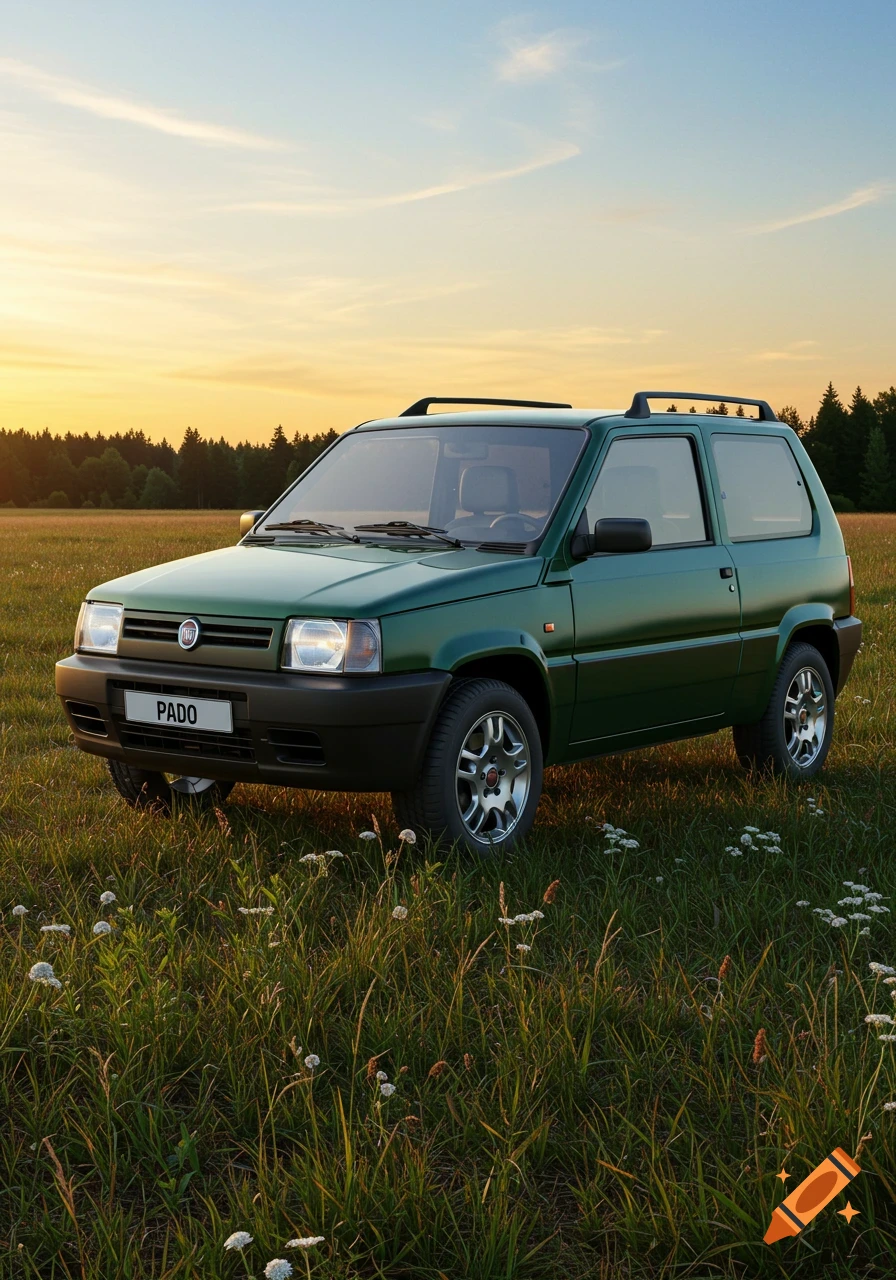 A green vintage Fiat Panda-like car parked in a grassy field with white ...