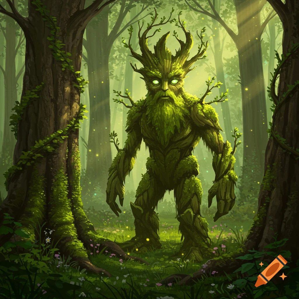 A vibrant green, mossy tree-like creature with glowing eyes stands in a ...