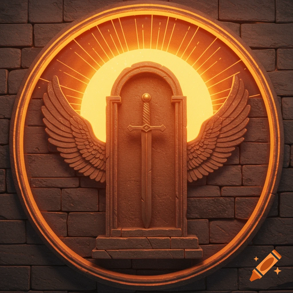 Circular stone emblem on a brick wall featuring a sword shrine with ...