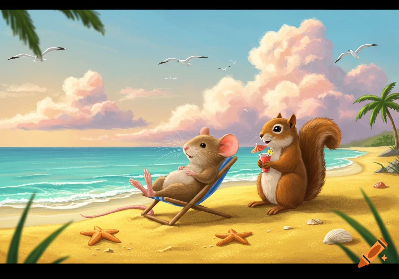 A cartoon mouse relaxes in a beach chair while a squirrel stands nearby ...