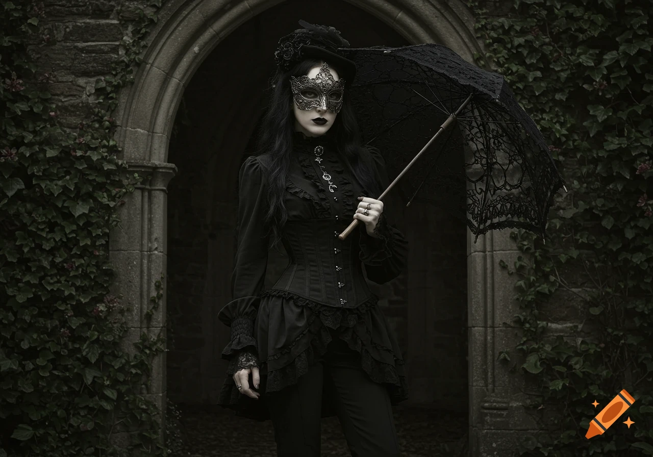 A masked woman in a black gothic outfit holds a lace umbrella while ...