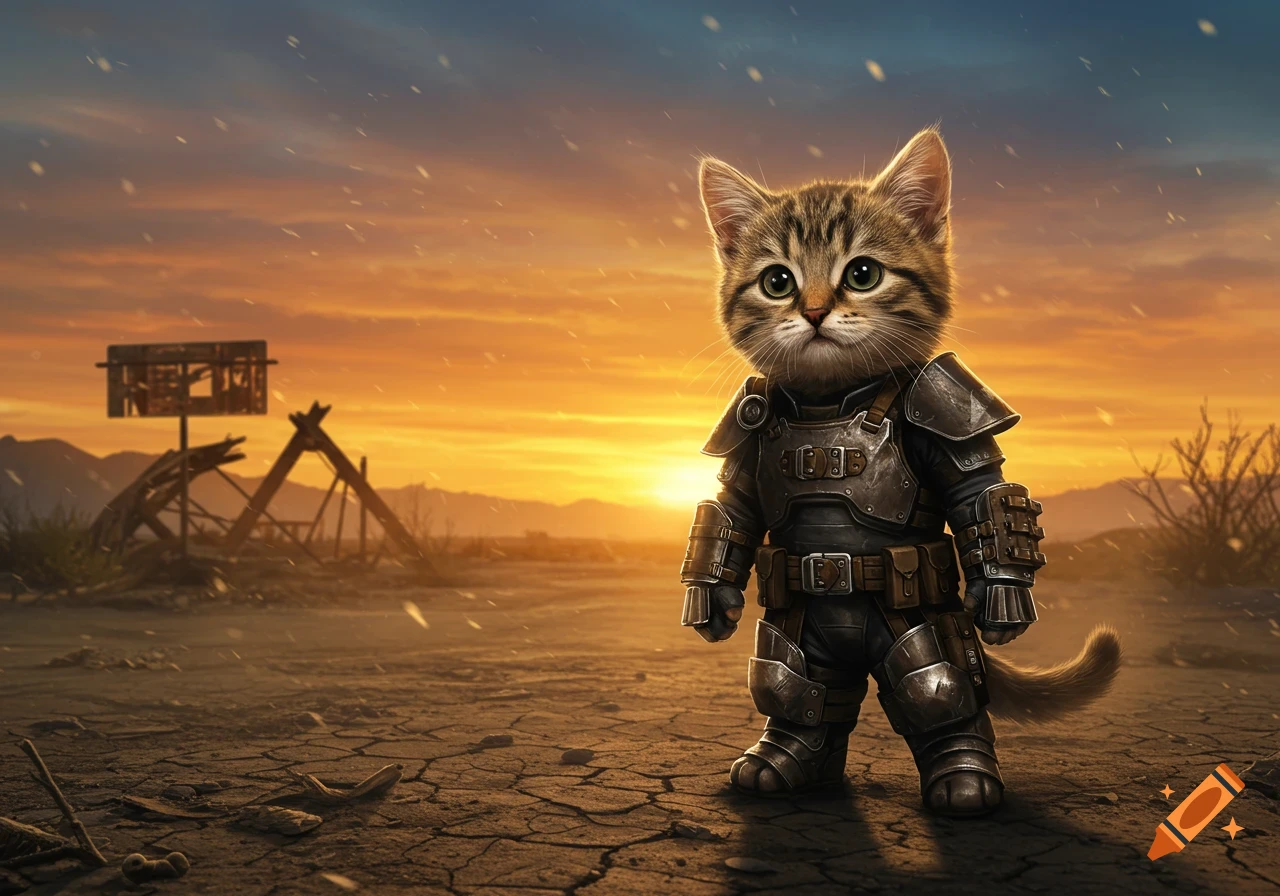 A cute tabby kitten wearing detailed, dark armor stands in a barren ...