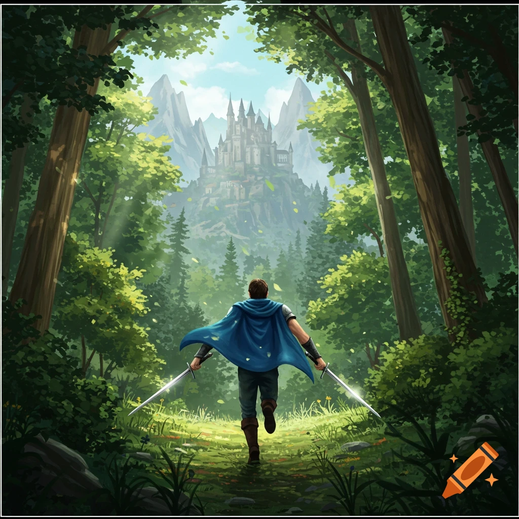 A man with a blue cape and two swords runs through a lush forest path ...