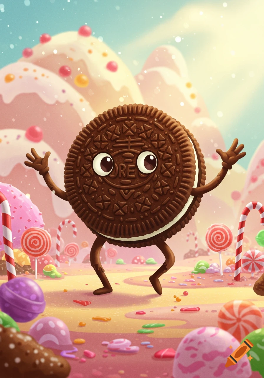 A cute, cartoon Oreo cookie character with big eyes stands in a ...