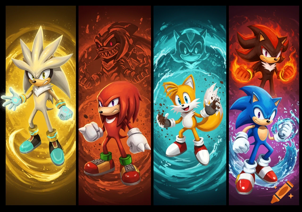 Colorful illustration of five Sonic characters: Silver, Knuckles, Tails ...