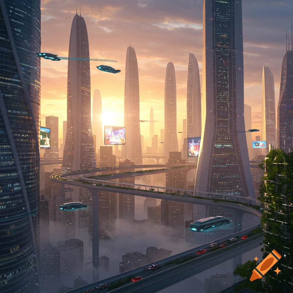 Photorealistic futuristic cityscape at sunrise, with towering skyscrapers, elevated highways ...