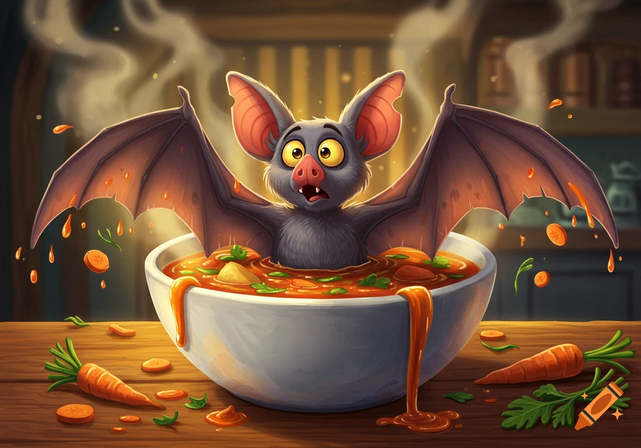 A wide-eyed cartoon bat stands in a steaming bowl of vegetable soup on ...