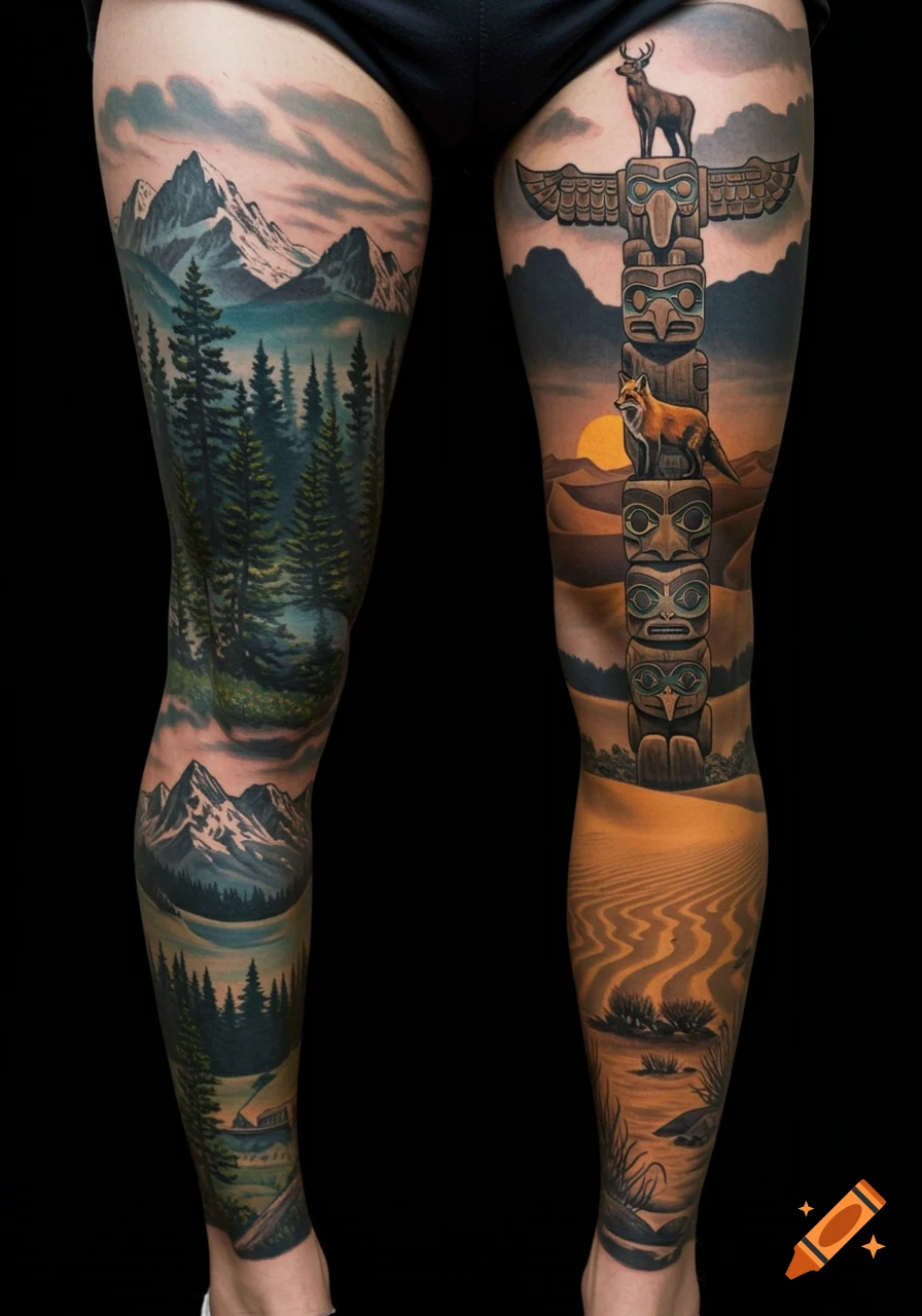 Detailed full leg tattoos: left leg shows mountains and a forest; right ...