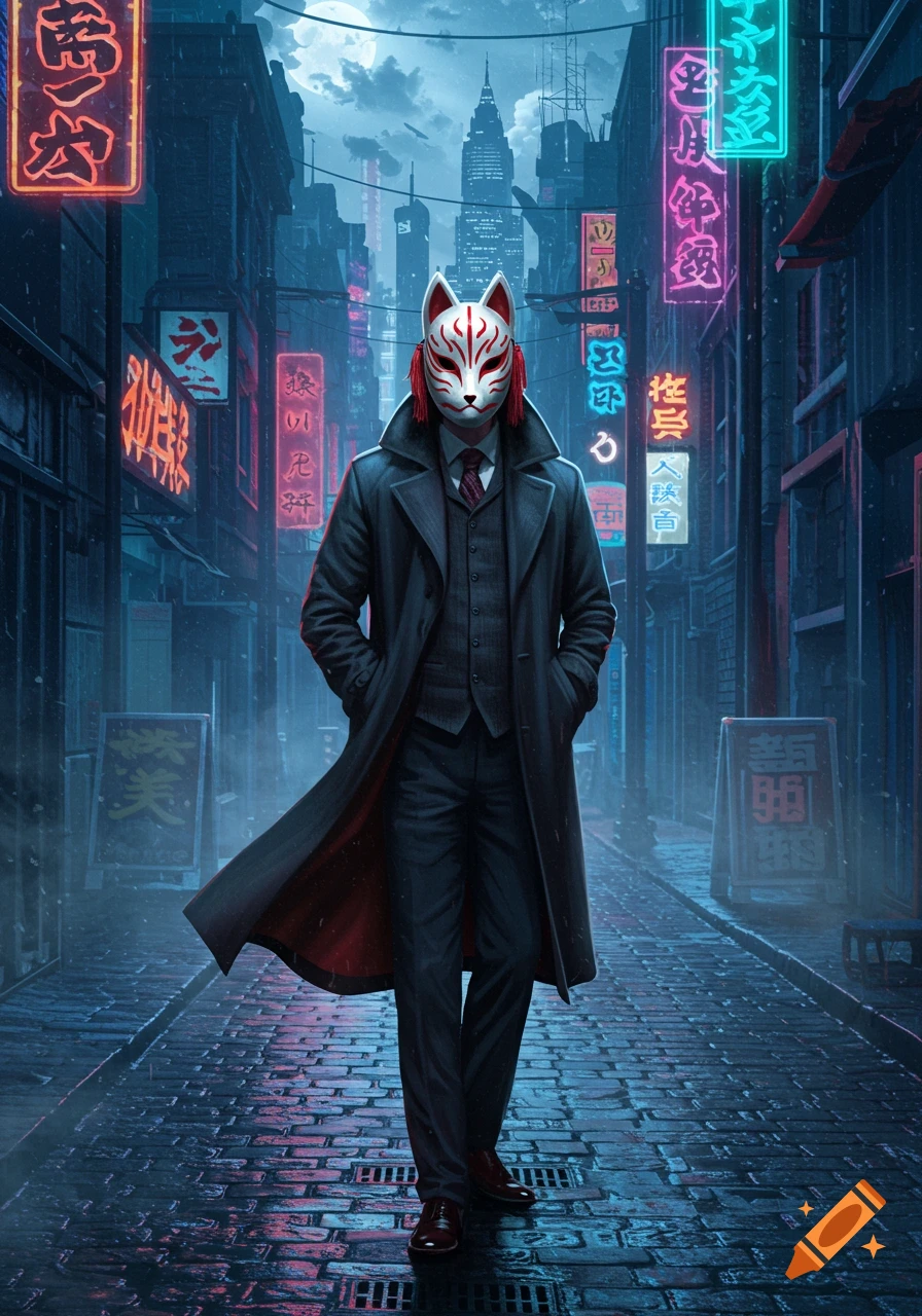 A man in a trench coat and kitsune mask stands on a rainy, neon-lit ...