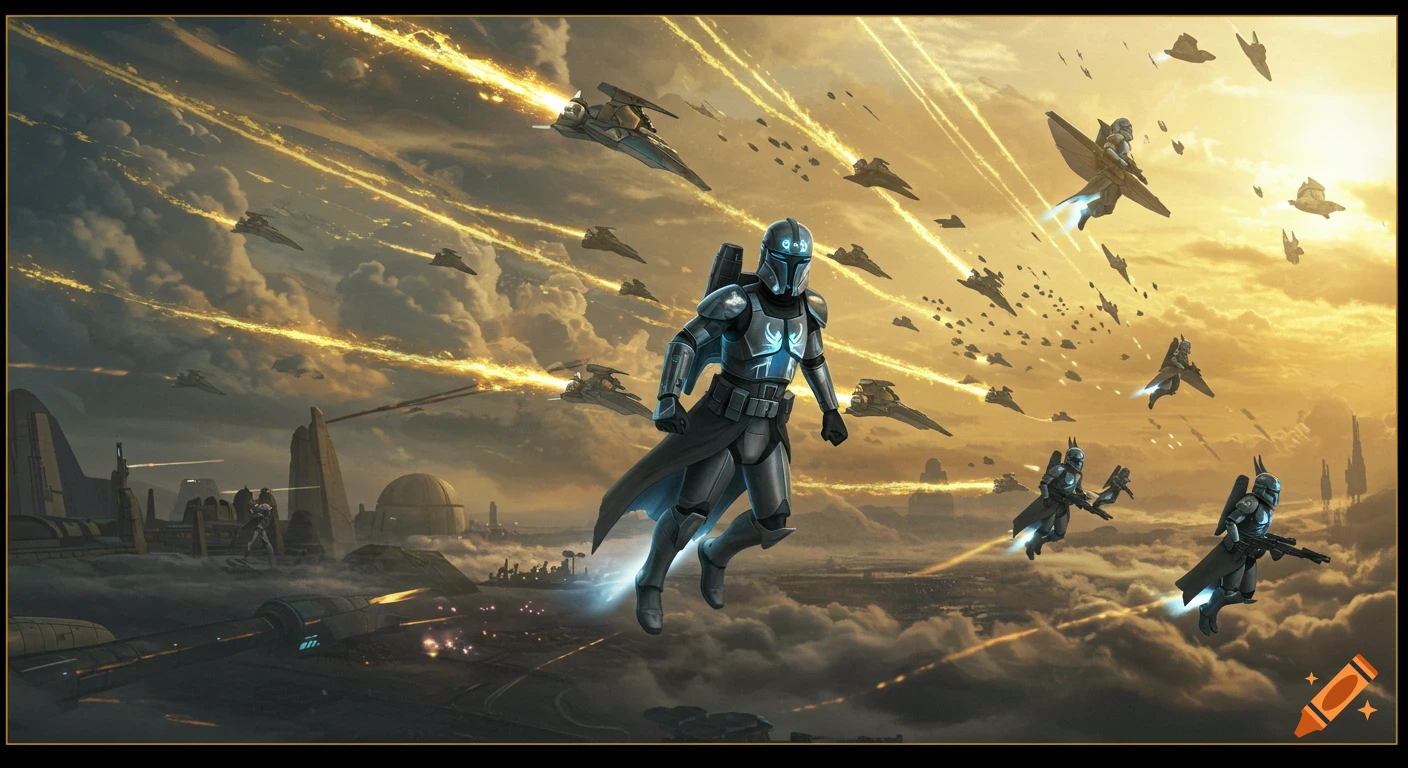 Cinematic concept art of armored jet troopers with glowing blue accents ...