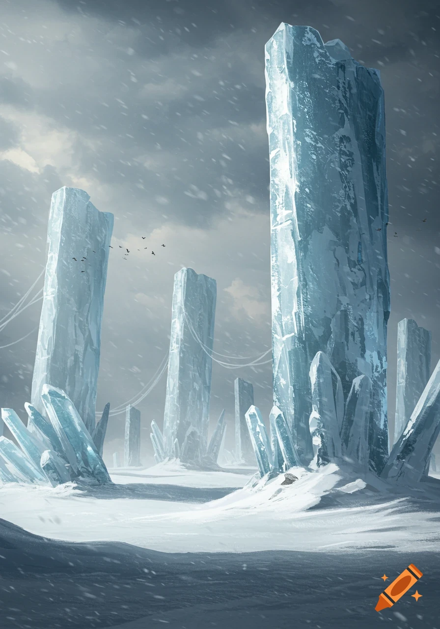 A desolate snowy landscape with giant, towering ice formations and ...