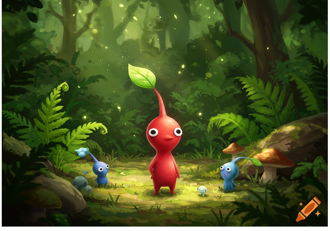 A red Pikmin stands in a magical forest with two blue Pikmin and small ...