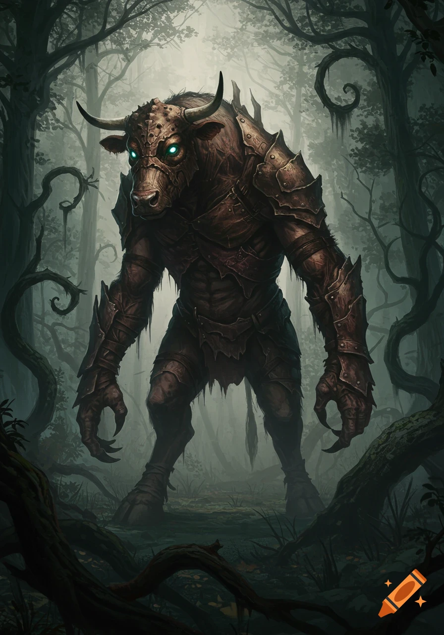 A menacing armored minotaur-like monster with glowing eyes stands in a ...
