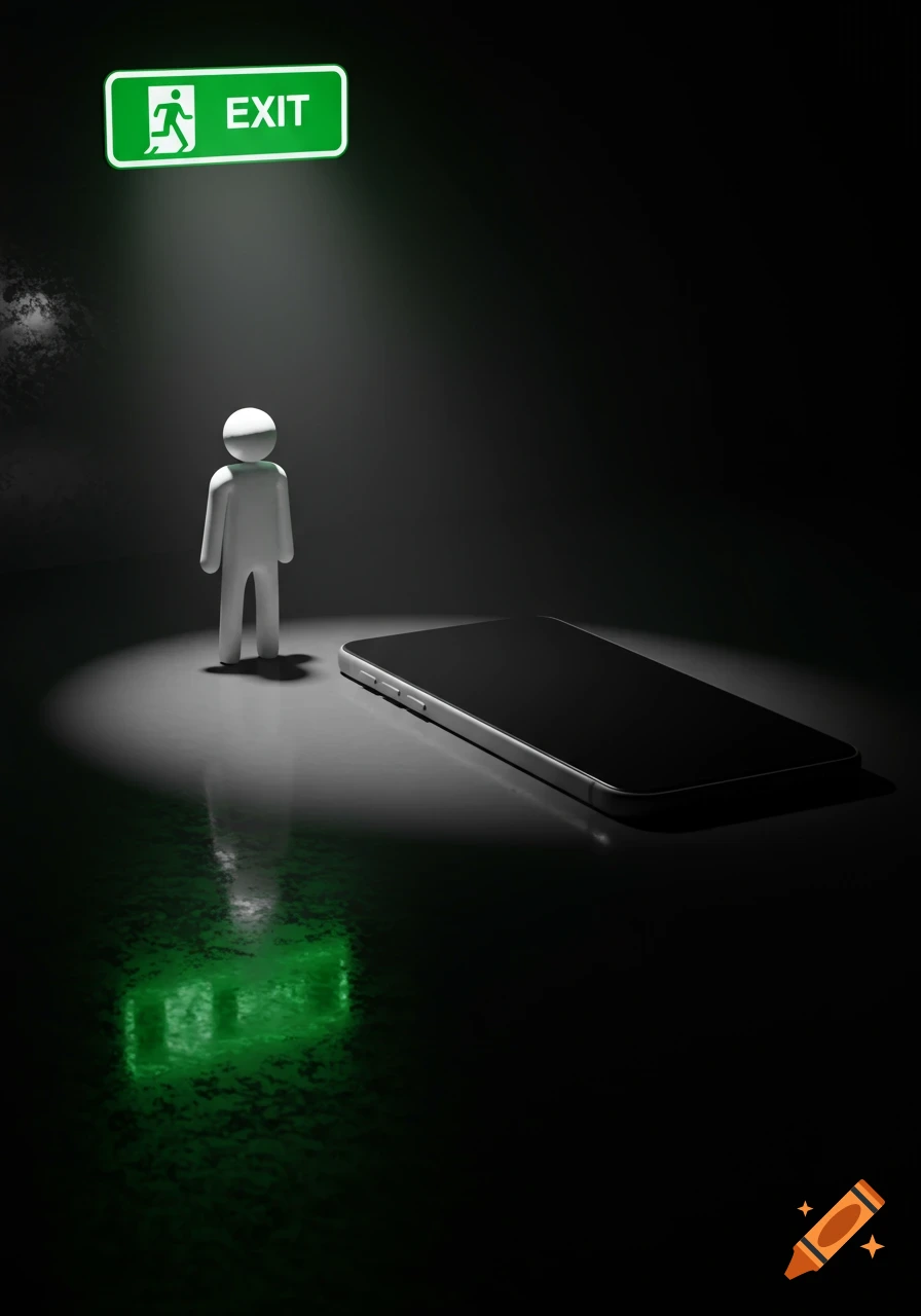 A 3D rendered white stick figure under a green 'EXIT' sign, standing ...