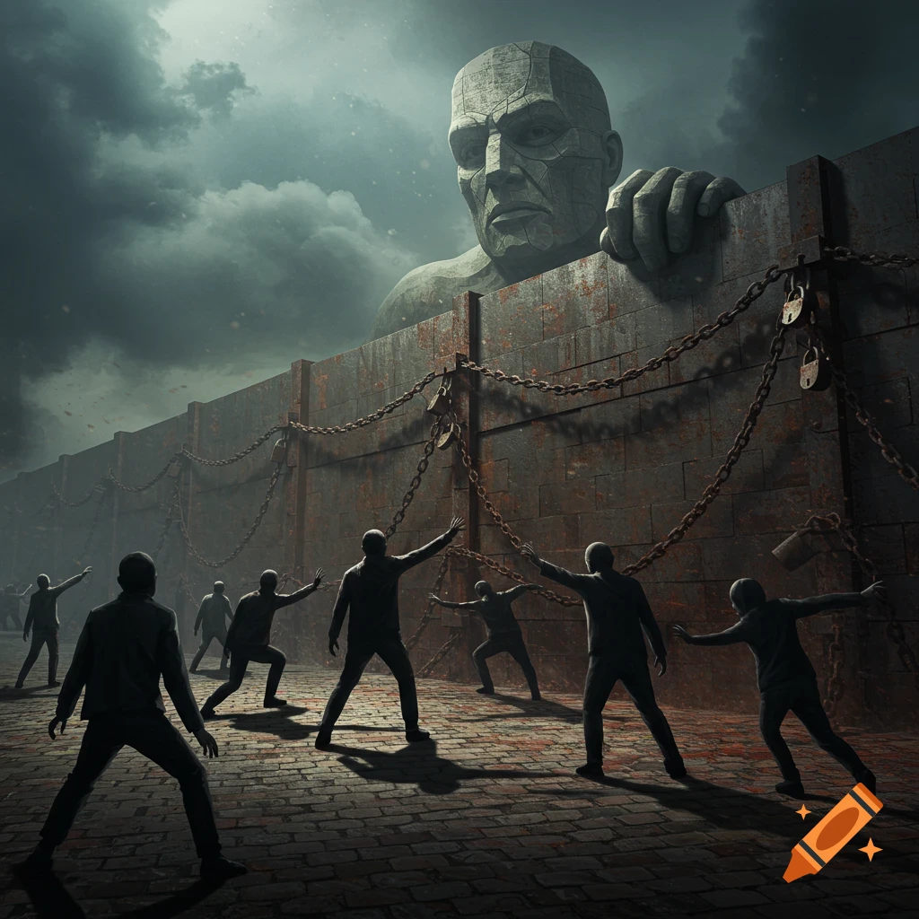 A colossal, stern stone figure looms over a chained, rusty wall, as ...