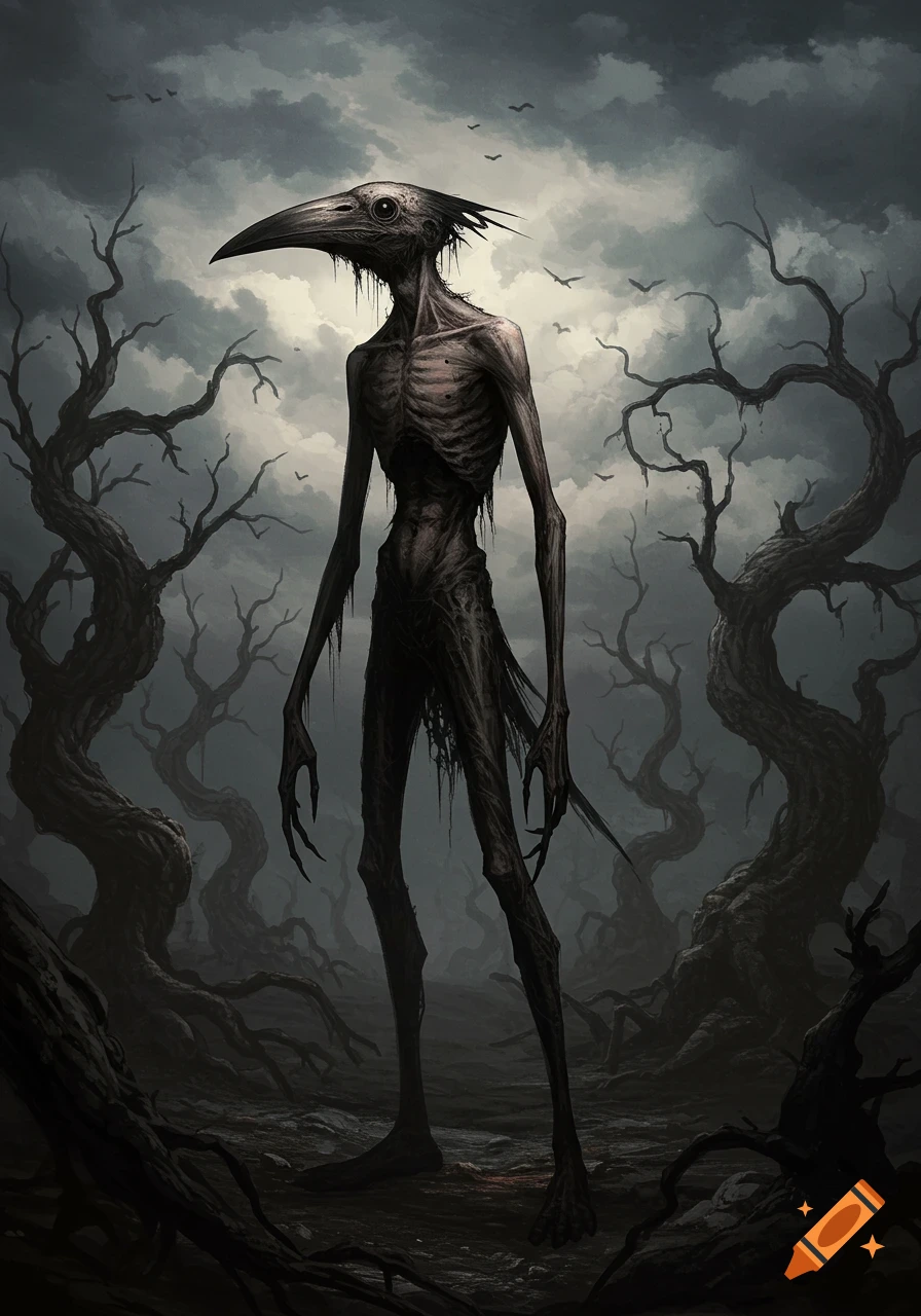 A tall, skinny, skeletal man-bird hybrid with a hooked beak stands in a ...