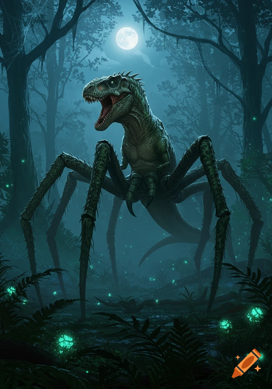 A terrifying T-Rex with long spider legs stands in a moonlit, misty ...