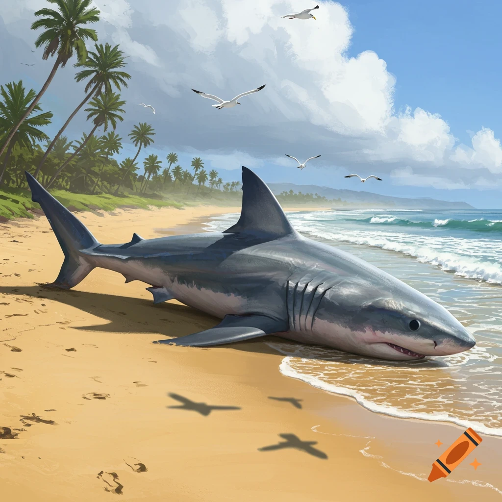 A large shark stranded on a sandy tropical beach with ocean waves, palm ...