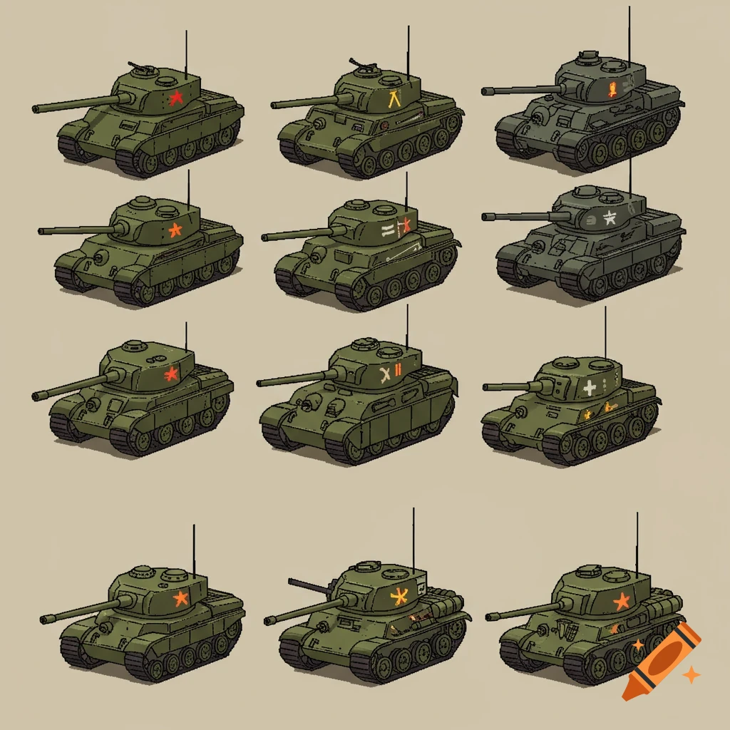 A grid of 12 green pixel art tanks, each with unique symbols on their ...