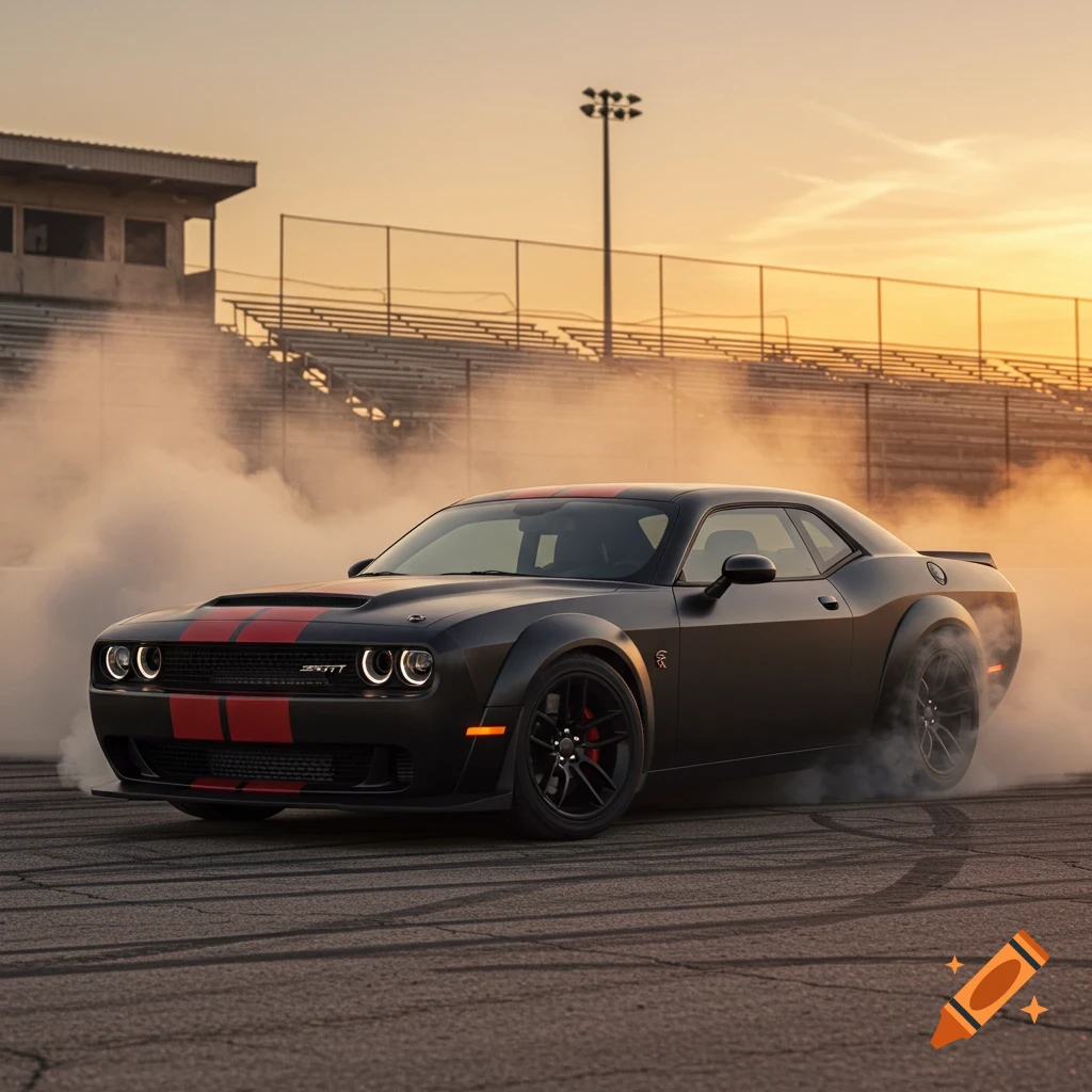 Matte black Dodge Challenger Hellcat doing a smoky burnout on a race ...