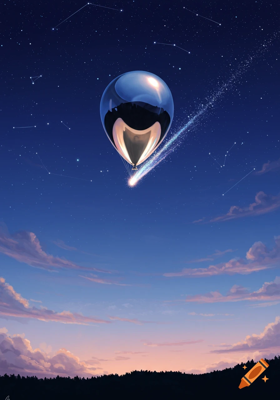 A shiny silver hot air balloon ascends into a star-filled night sky ...