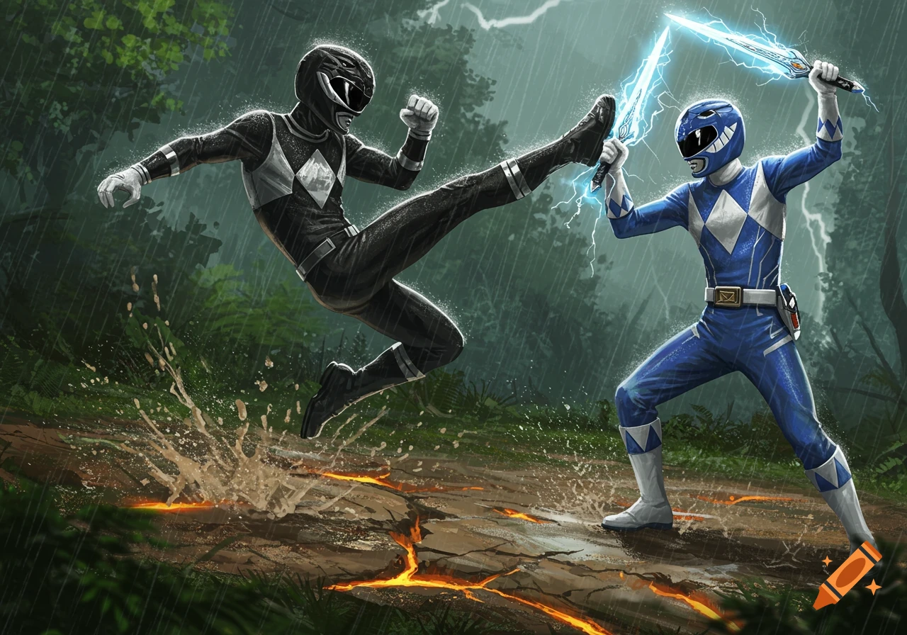 Black Power Ranger kicks Blue Power Ranger wielding lightning swords in ...