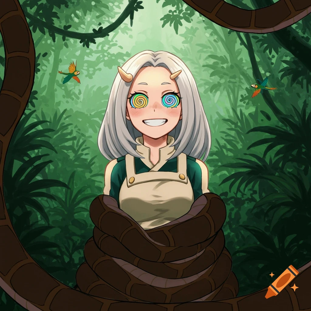 Anime illustration of Eri with spiral eyes and a smile, wrapped in a ...