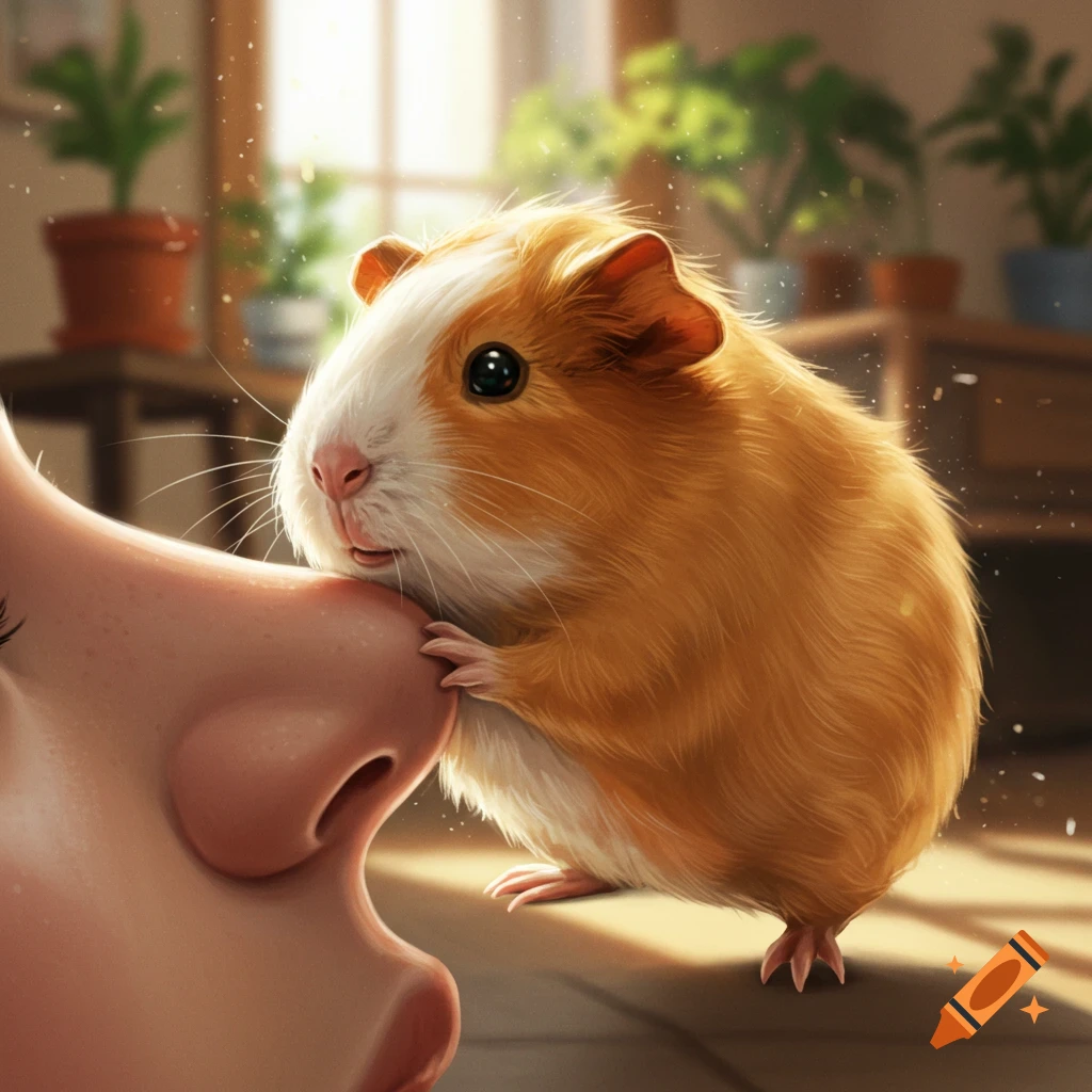 A fluffy brown and white guinea pig sniffs a human nose, brightly lit ...