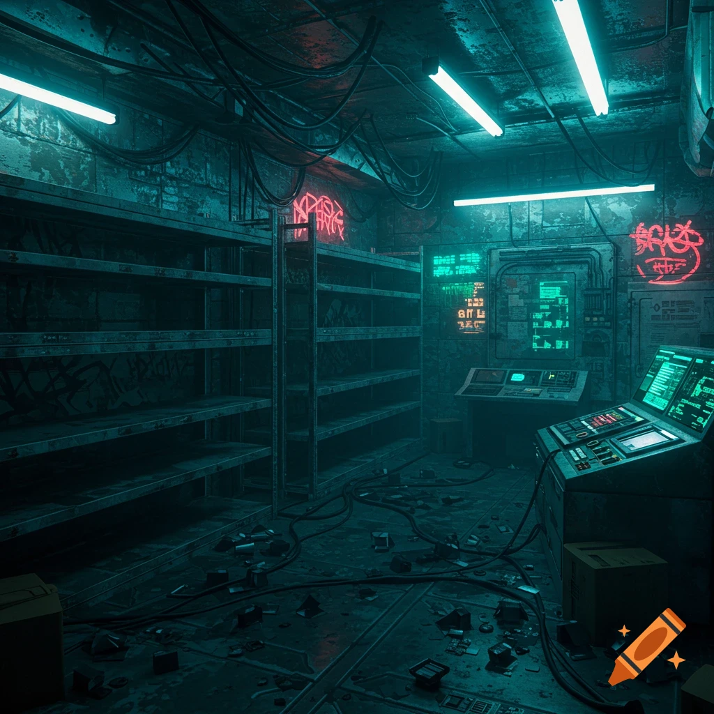A dark, grimy cyberpunk bunker with empty metal shelves, glowing neon ...