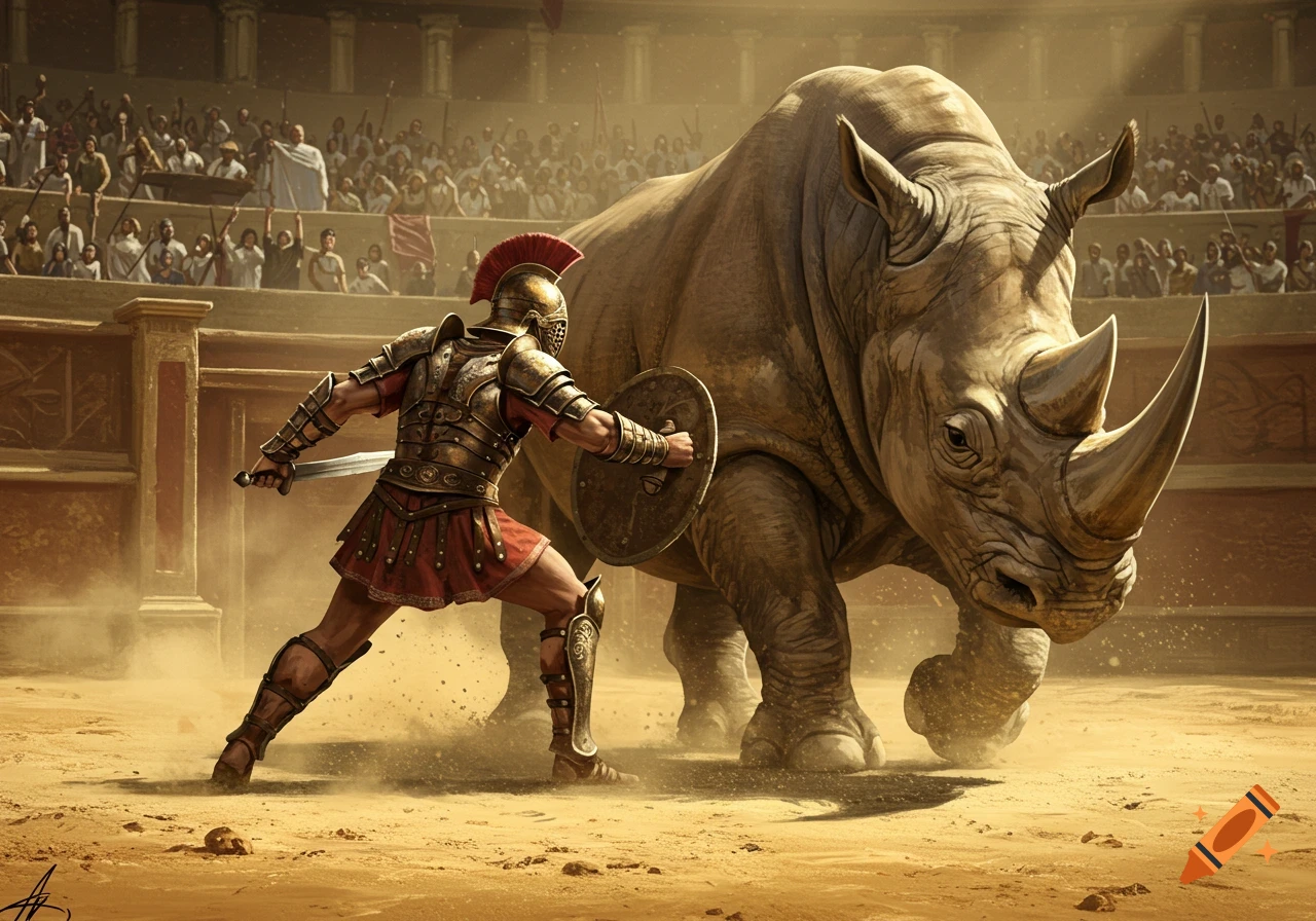 A gladiator in armor faces a large rhino in a dusty Roman arena with a ...