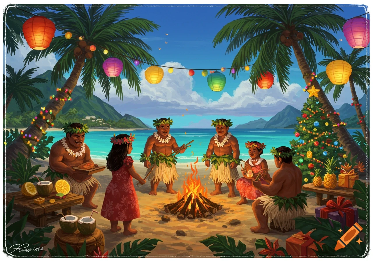 A festive Polynesian Christmas scene with people in traditional attire ...