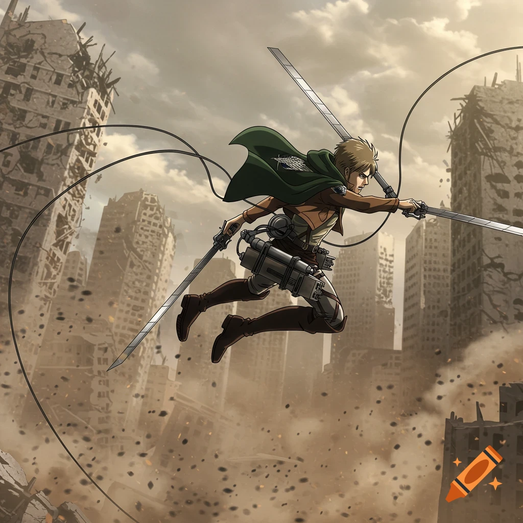 An anime-style soldier in Attack on Titan gear flies mid-air, wielding ...