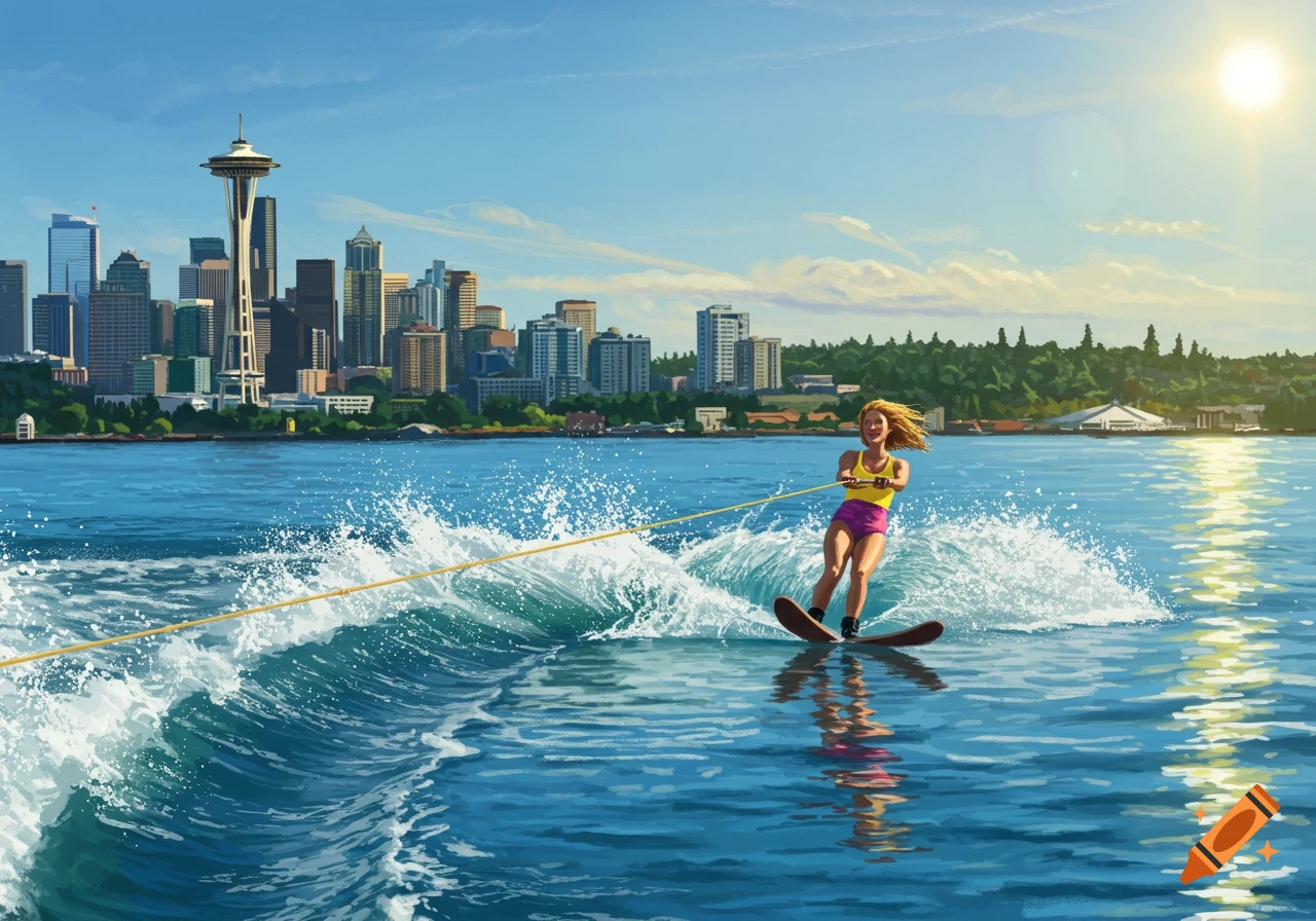A painting of a woman water skiing on Lake Washington, with the Seattle ...