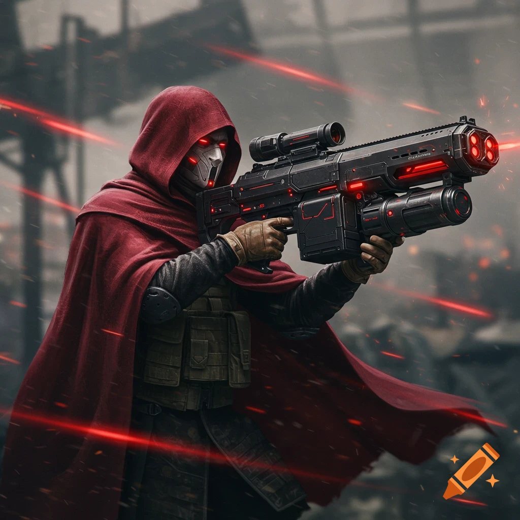 A futuristic soldier in a red hooded cloak and mask aims a high-tech ...