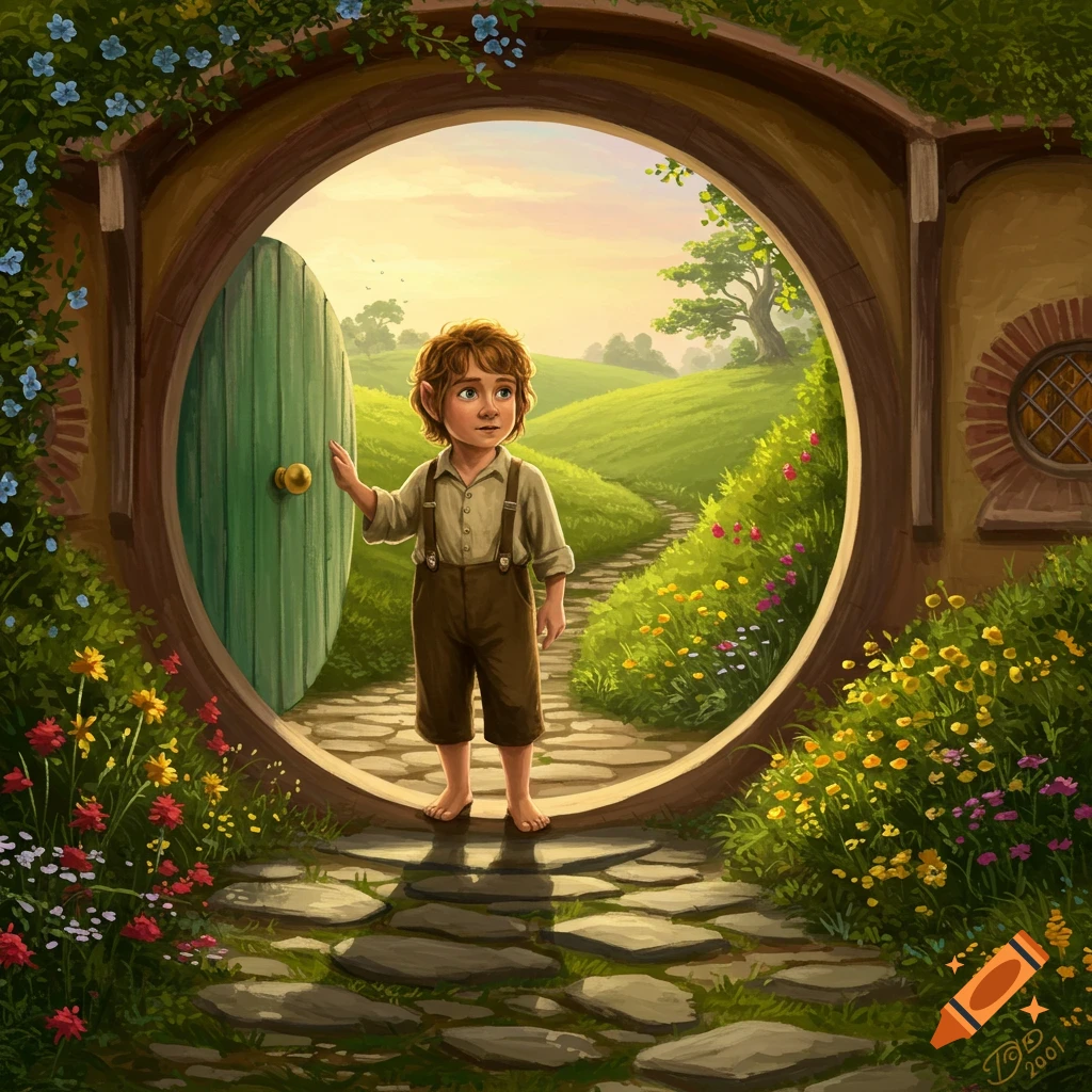 A young hobbit with curly hair stands in the open green door of a round ...