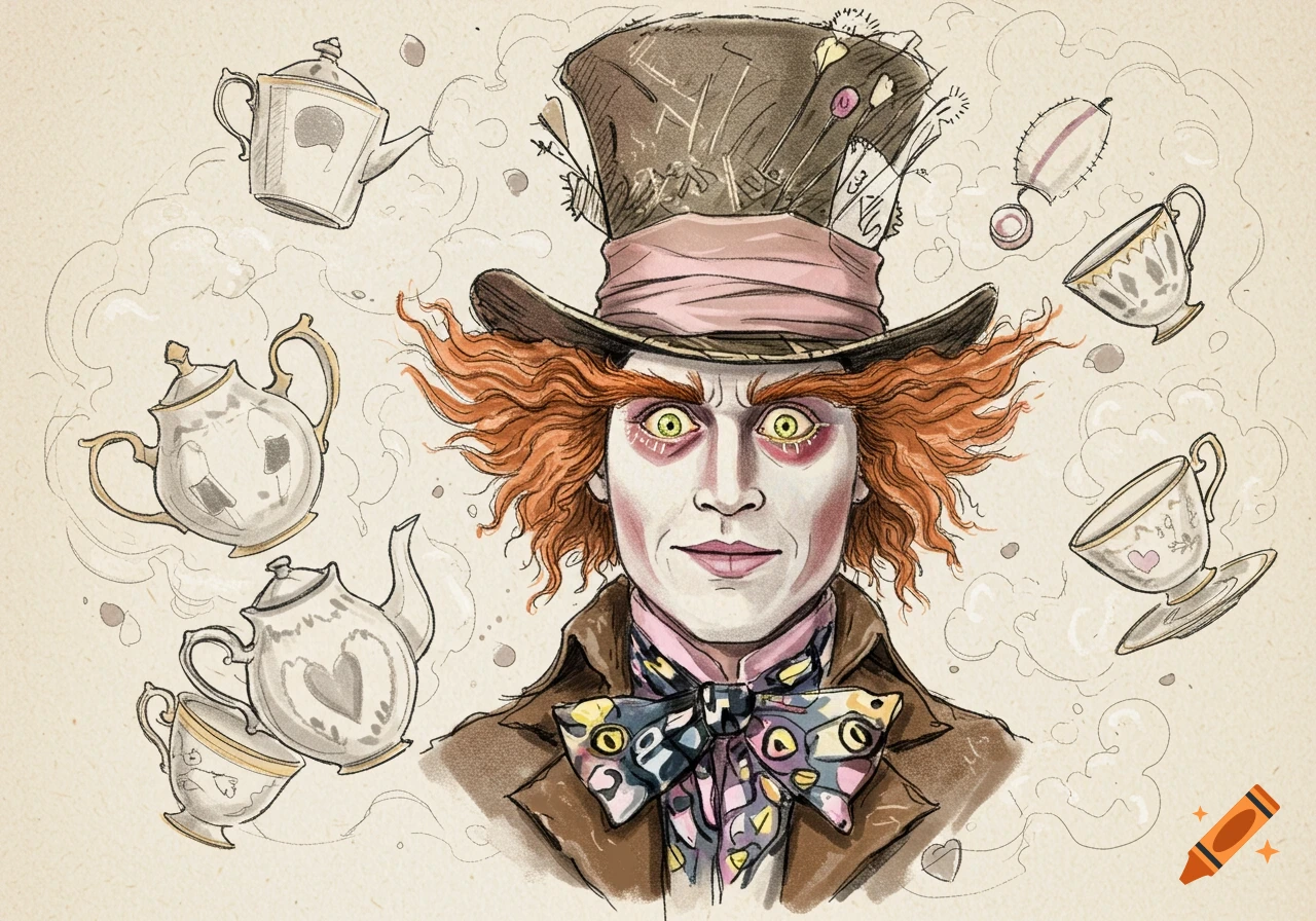 A hand-drawn, sketch-style illustration of the Mad Hatter with wild ...